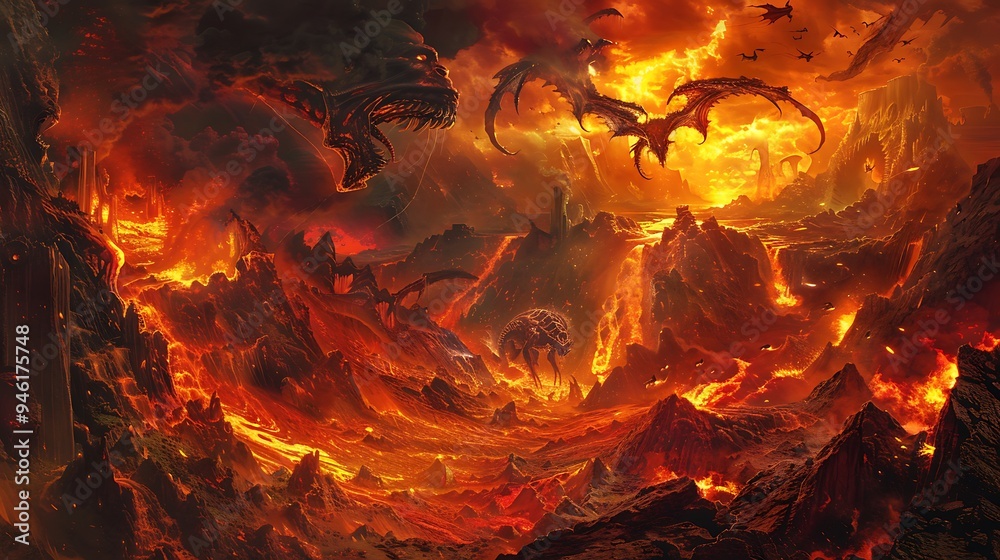 Fiery chasm filled with demons and lost souls, screaming in agony ...