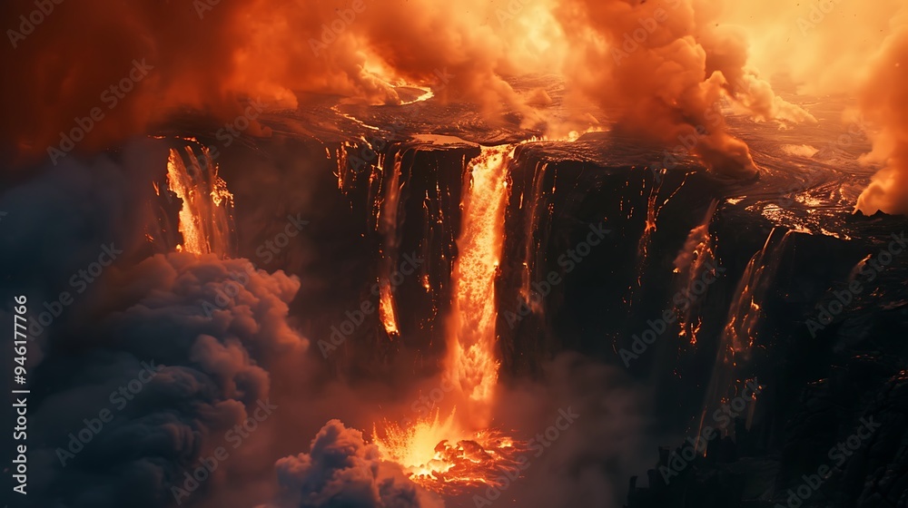 Lava waterfall cascading down into a bottomless abyss, with steam ...
