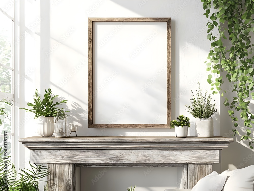 Mockup frame displayed on a rustic weathered wood mantel in a bright ...