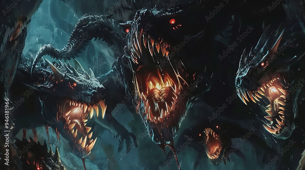 Demonic creatures with sharp teeth and glowing eyes emerging from the ...