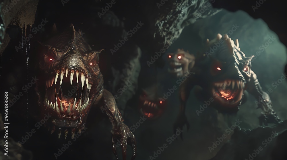 Demonic creatures with sharp teeth and glowing eyes emerging from the ...