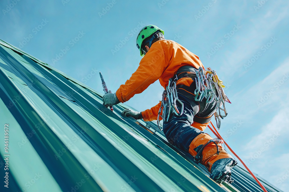Worker of Industrial Alpinist Services painting roof in green colors ...