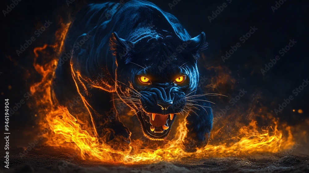 ภาพประกอบสต็อก Angry black jaguar with open mouth and fiery mane ...