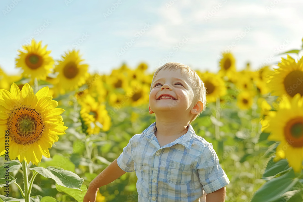 Happy little boy walking in field of sunflowers. Child playing with big ...