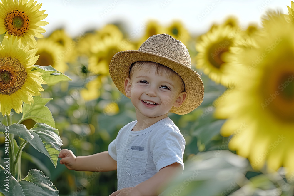 Happy little boy walking in field of sunflowers. Child playing with big ...