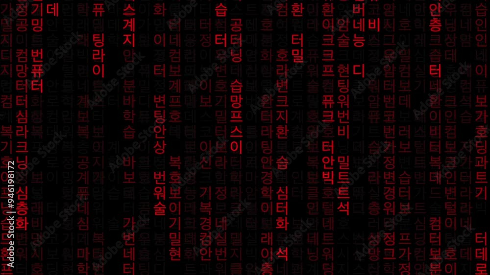 Korean character. Hacker attack. Red code on black background. Moving digits on screen. Concept ...