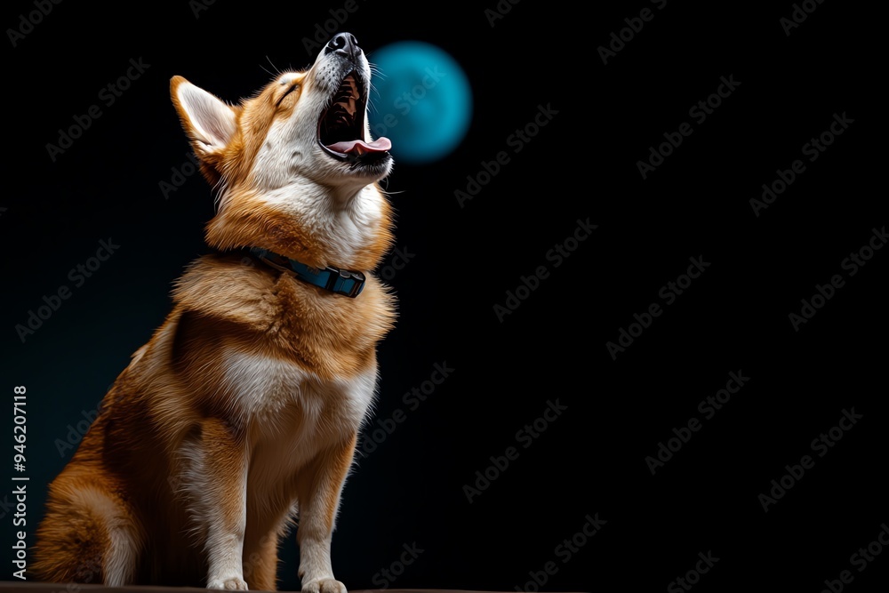 Funny Siberian Husky howling at the moon, depicted in an artwork where ...