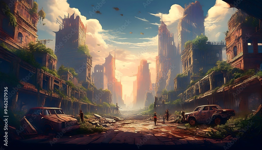 Pixel Art Ruined Cityscape - A pixelated scene of a once-bustling city ...