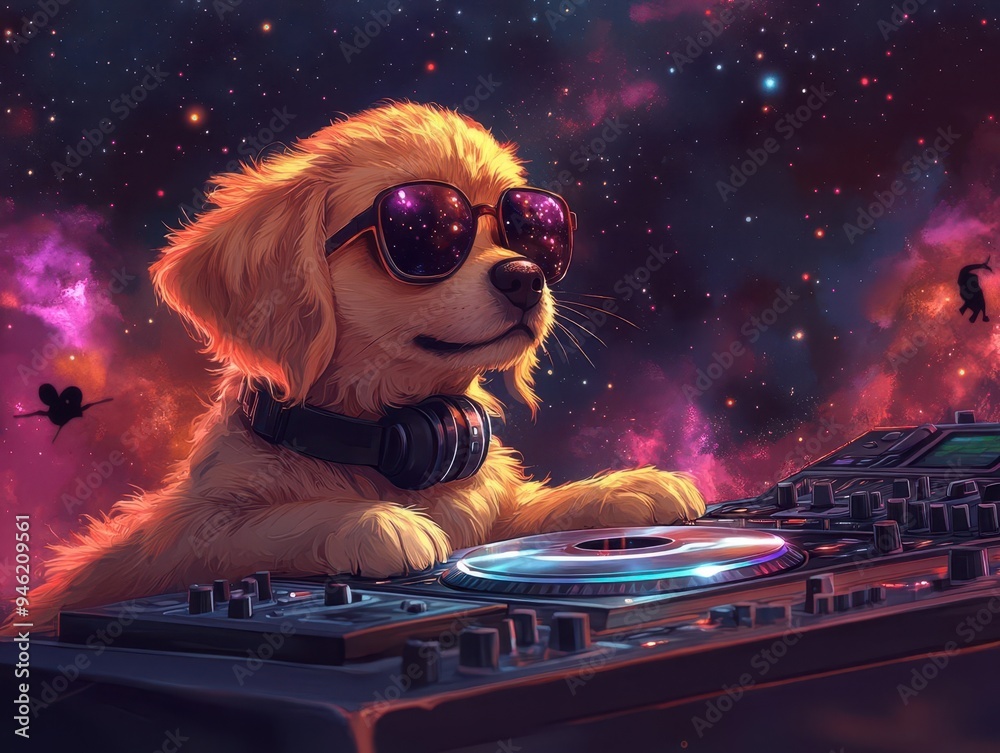 cartoon dog as intergalactic dj spinning holographic records neon ...