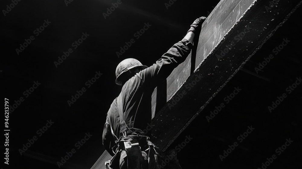 Grim determination of a construction worker lifting heavy steel beams ...