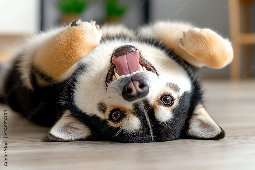 Funny Siberian Husky lying on its back, captured in a photo where the ...