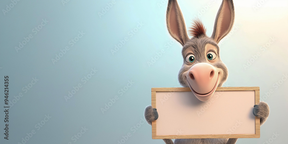 Cute donkey holding a blank white sign on a light blue background to ...