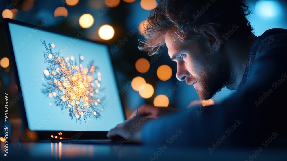 An illustrator hunched over a drawing tablet, meticulously sketching a ...