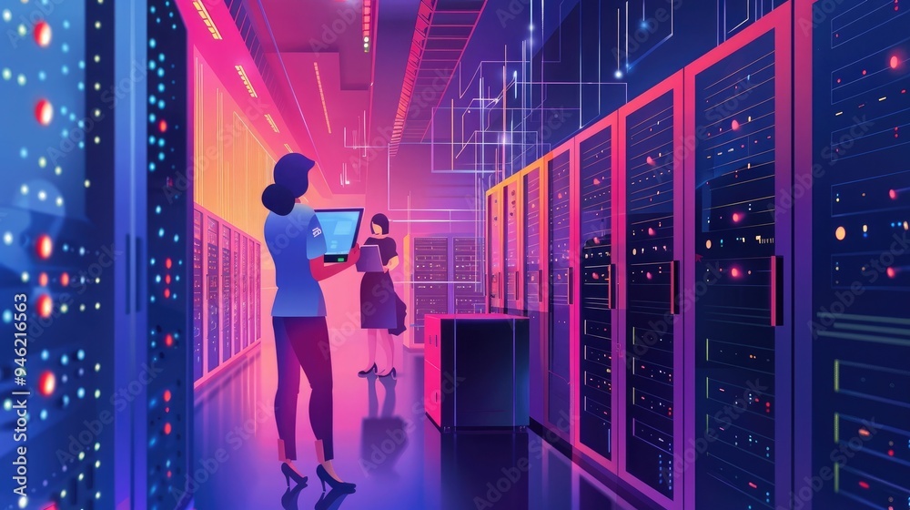 Data Center Female System Administrator and Male IT Specialist Talk ...
