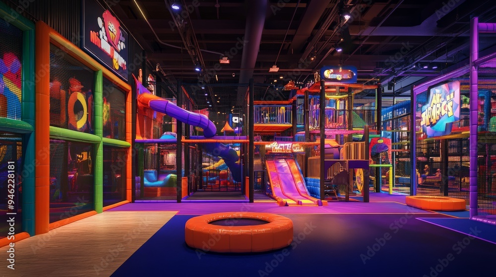 Bright and colorful indoor playground with slides, climbing structures ...