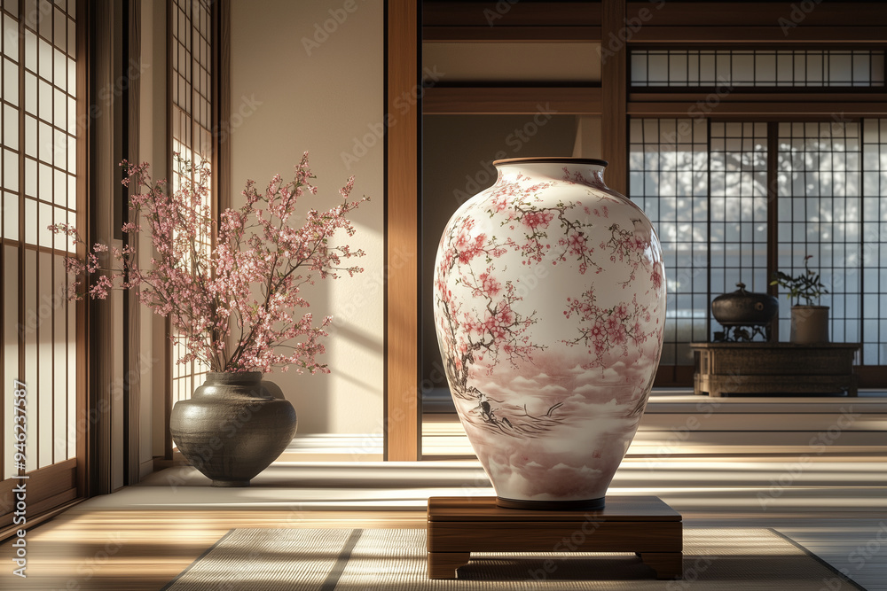 The close-up of a beautifully crafted pot in the Japan style featuring ...