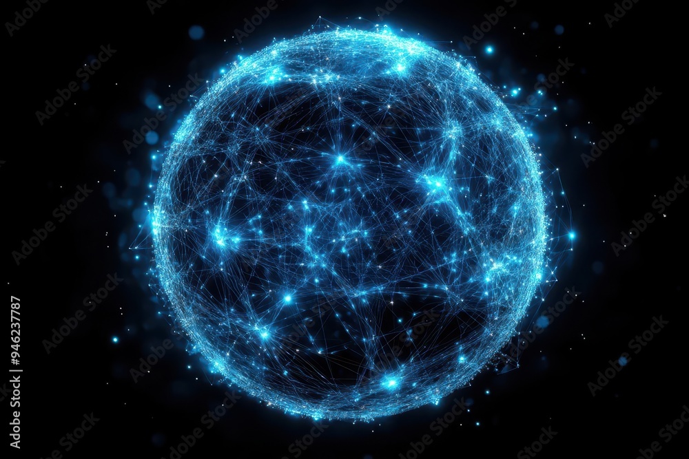 digital synapses glowing blue lines connect nodes across a translucent globe forming a complex ...