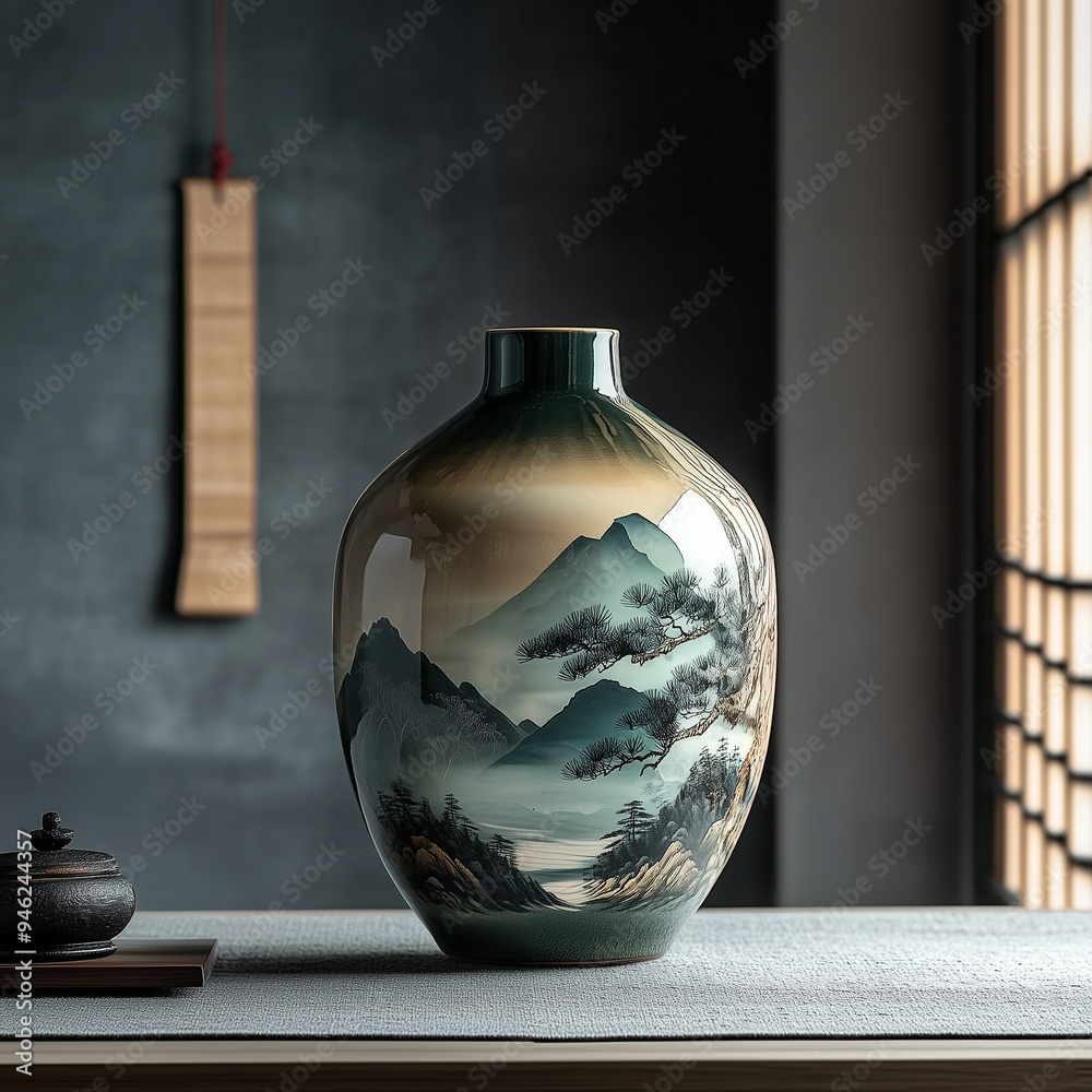 The close-up of a beautifully crafted pot in the Japan style featuring ...
