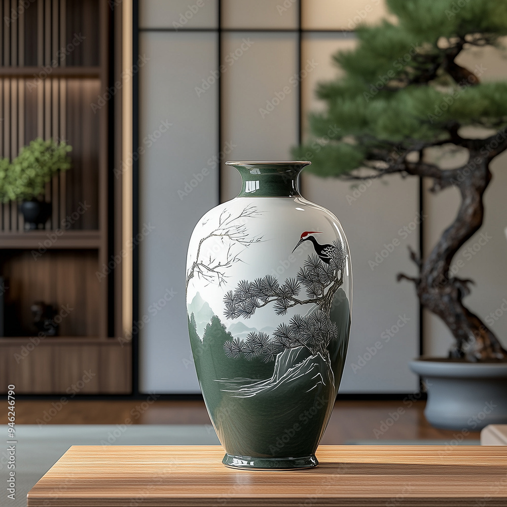 The close-up of a beautifully crafted pot in the Japan style featuring ...