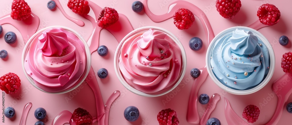 Frozen yogurt flat design top view frozen treats theme 3D render ...