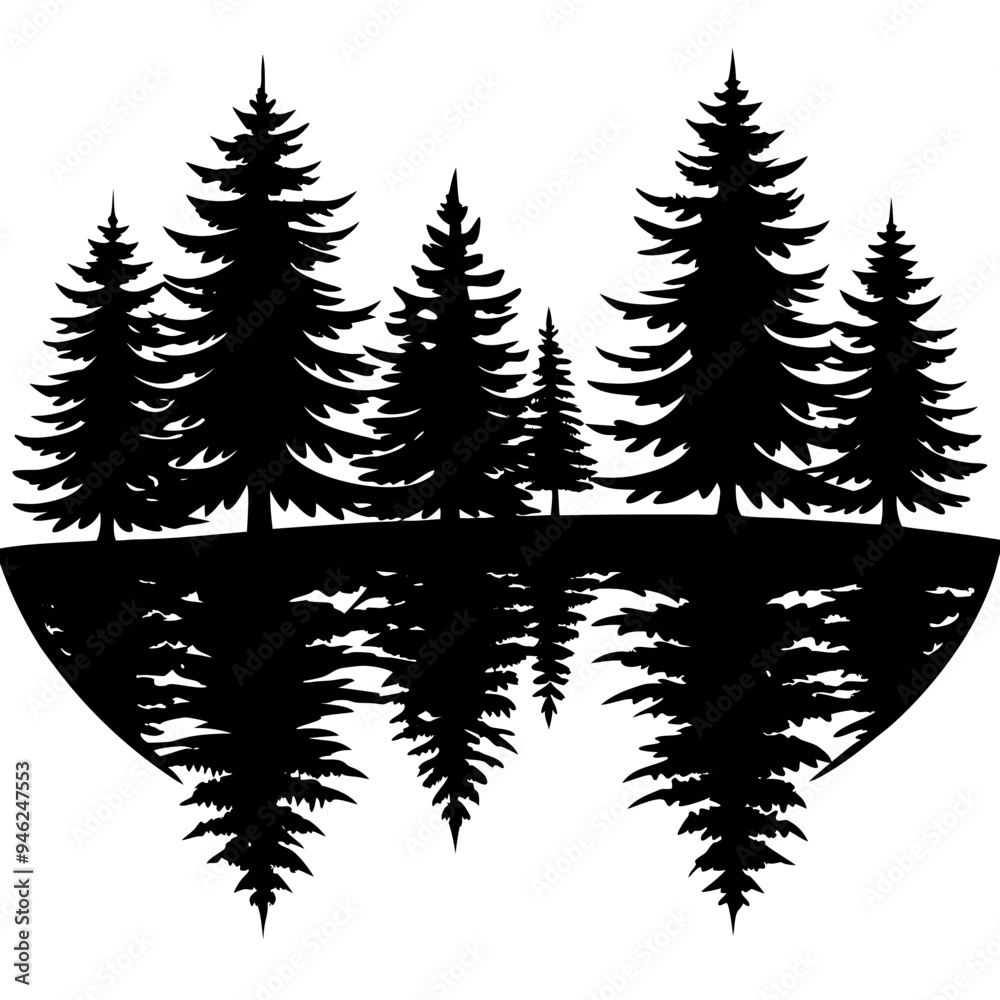 Reflection in water pine tree forest vector silhouette vector ...