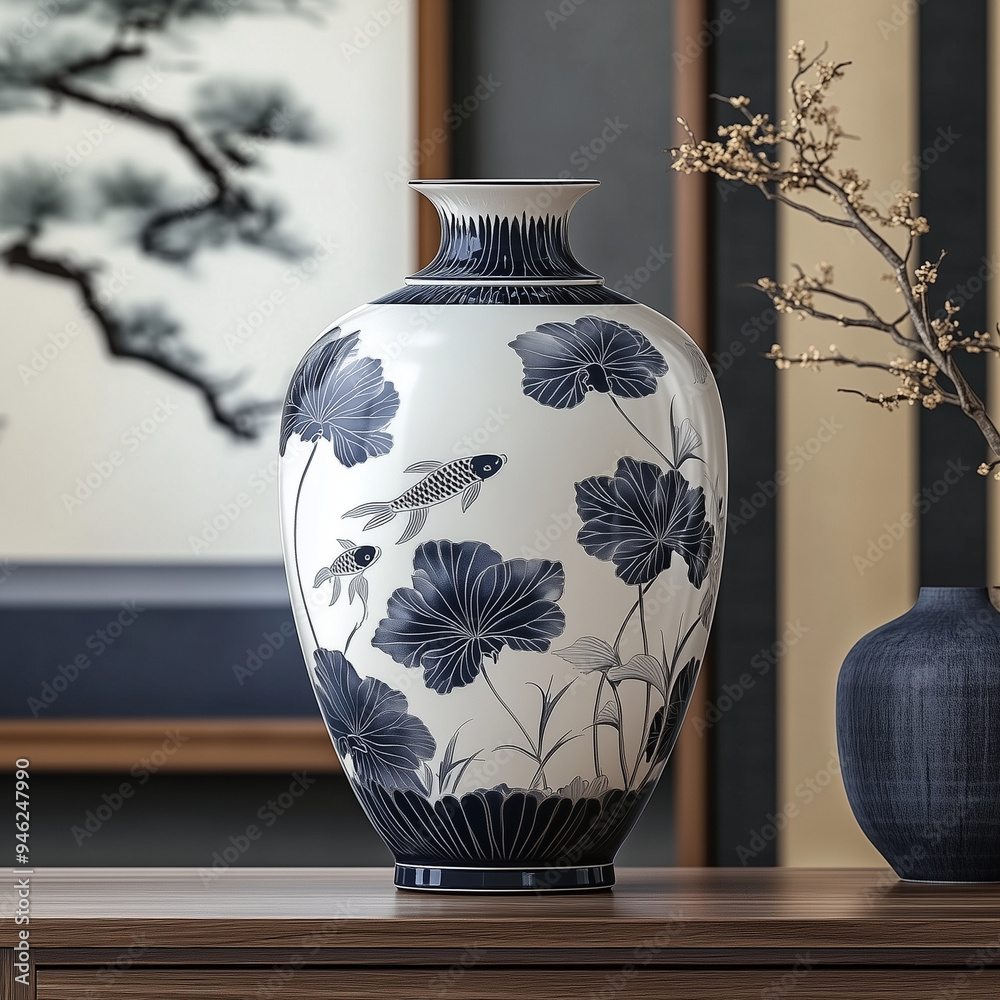 The close-up of a beautifully crafted pot in the Japan style featuring ...