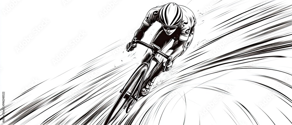 One line drawing of a cyclist in full motion racing through a bend ...