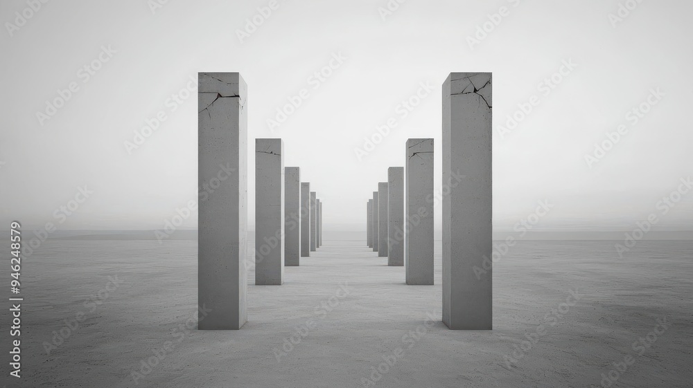 Black and white depiction of broken columns in a vast open space ...