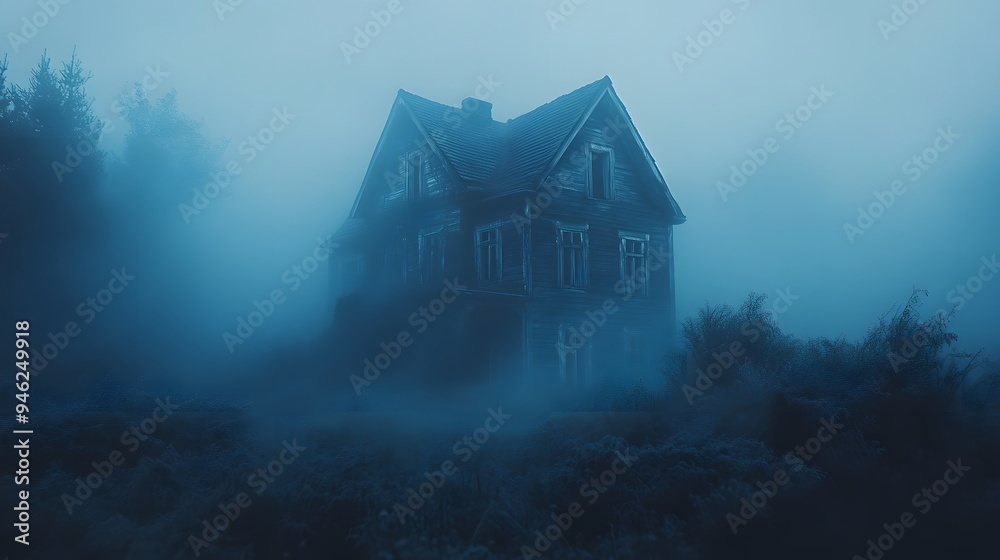 An old haunted house surrounded by thick fog, with eerie blue lighting ...
