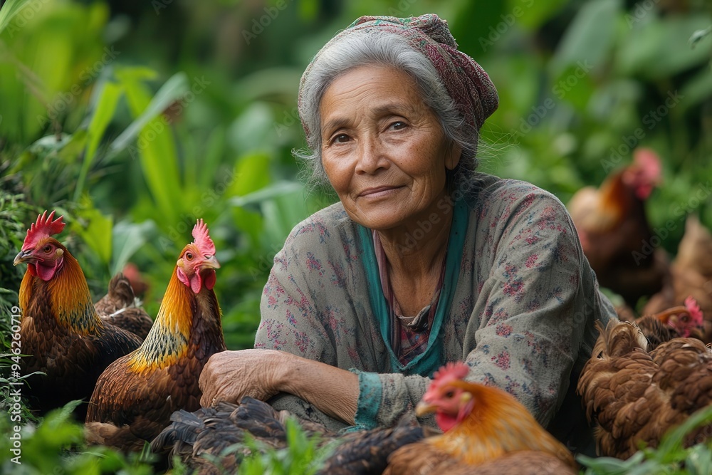 elderly female farmer tending to freerange chickens in a lush field the ...