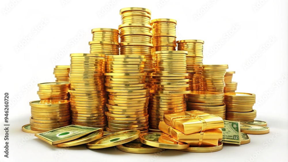 A colorful 3D icon of a stack of gold coins and crumpled bills forms a ...