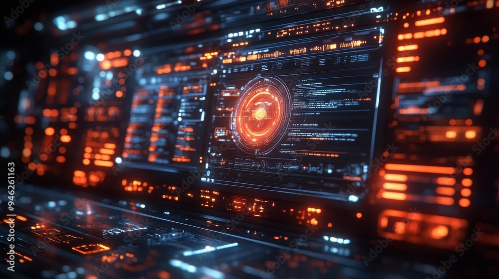 A high-tech holographic interface displays data and controls for ...