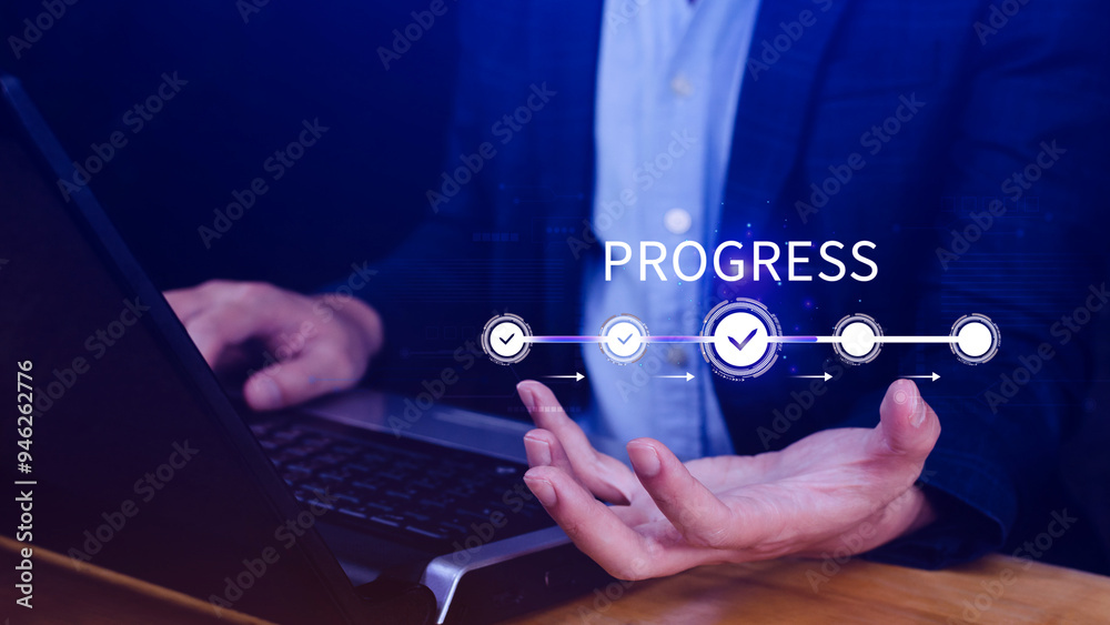 Progress concept, touching to tick correct mark in checklist with ...