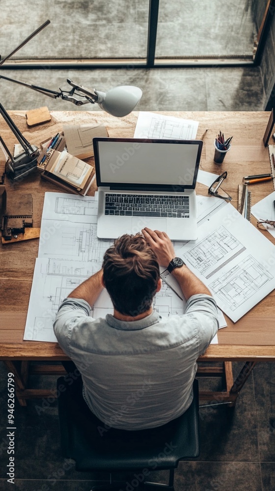 Overwhelmed architect grapples with complex project, surrounded by ...