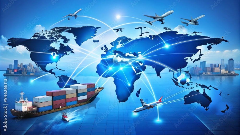 A digital world map with animated cargo ships, airplanes, and trucks ...