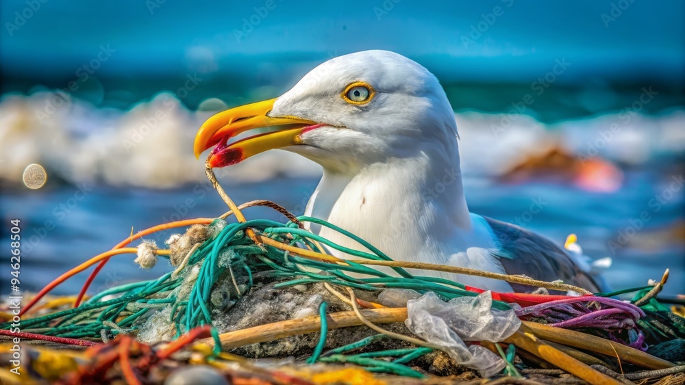 A distraught seagull, tangled in discarded plastic debris, struggles to ...