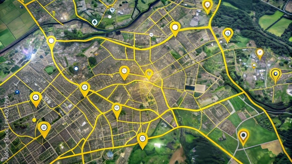 Aerial view of a service area boundary marked on a digital map with ...