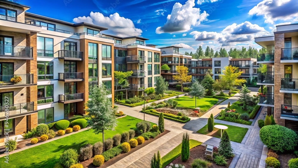 A modern apartment complex with multiple buildings, lush greenery, and ...