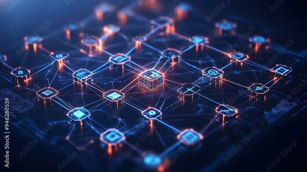 Digital representation of a blockchain ledger with interconnected AI ...