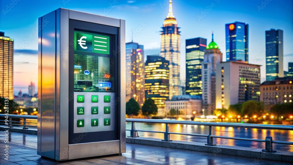 A modern electronic currency exchange kiosk stands against a blurred ...