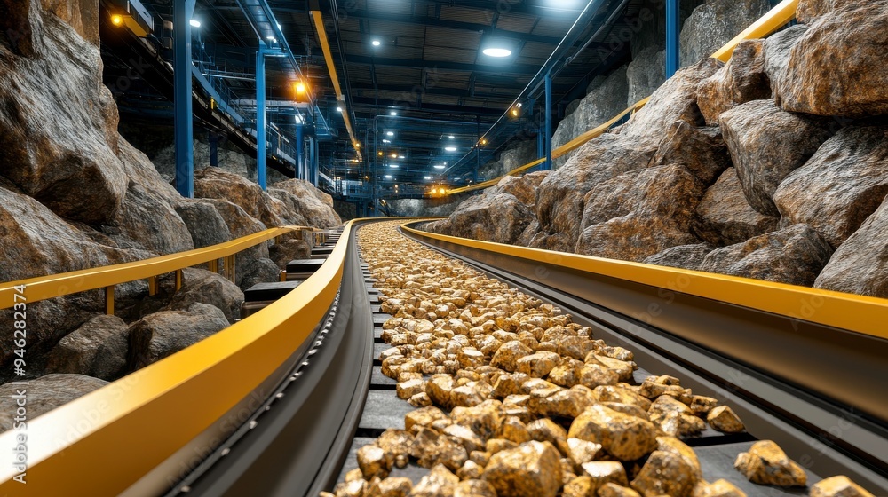 Mining Conveyor, Gold ore rocks transported on a conveyor belt in an ...