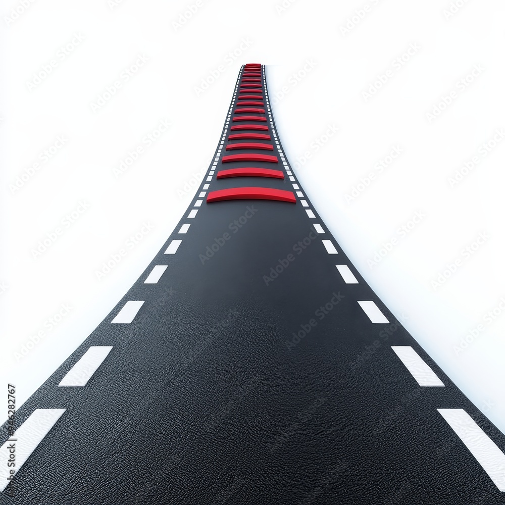 A long, winding road stretches towards the horizon, marked by a series ...