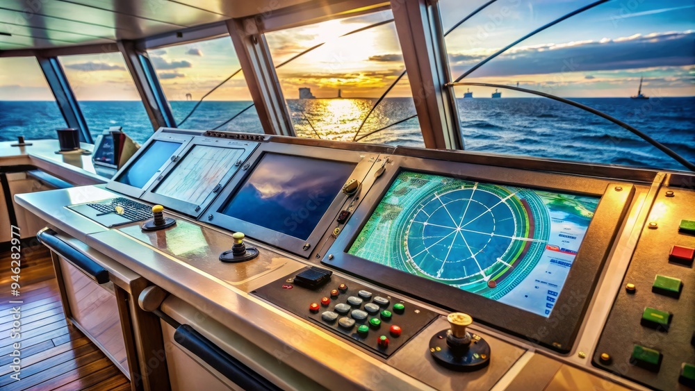 A navigational chart on a maritime vessel's bridge displays GPS ...