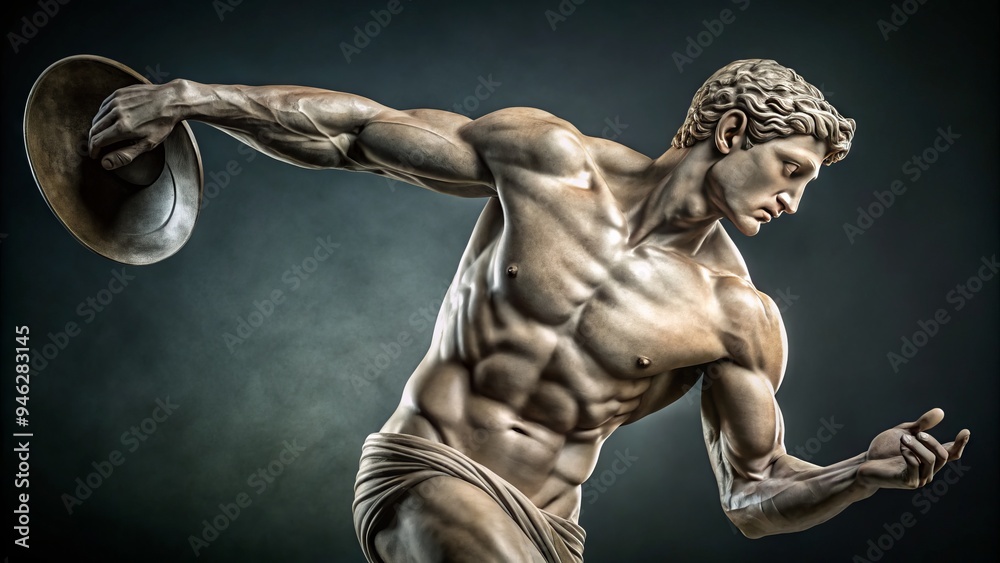 Ancient Greek statue of athletic male figure poised to throw discus ...