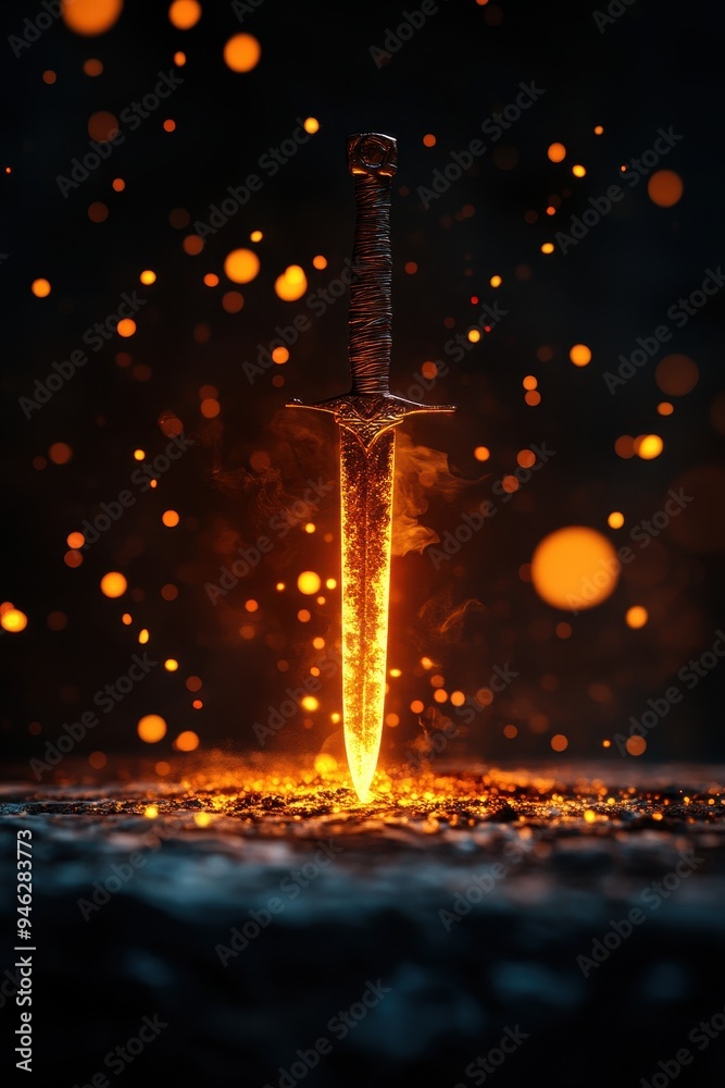 Epic fiery sword glowing with mystical energy, surrounded by sparks in ...