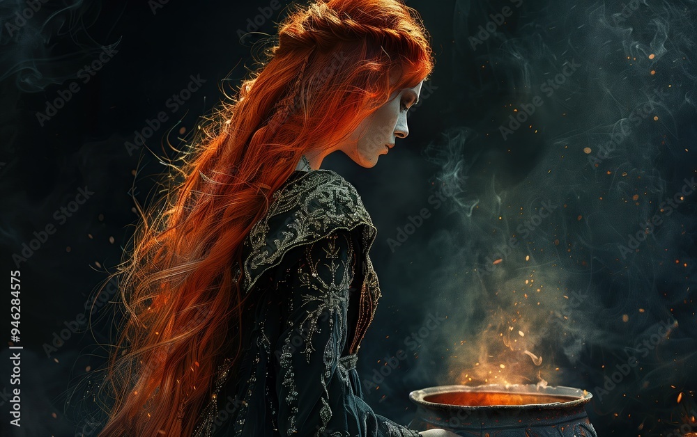 Generative AI of a Red-Haired Witch Casting Spells Over a Cauldron ...