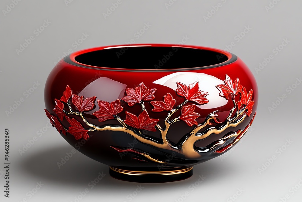 Japanese vermillion lacquerware, captured in a photo that highlights ...