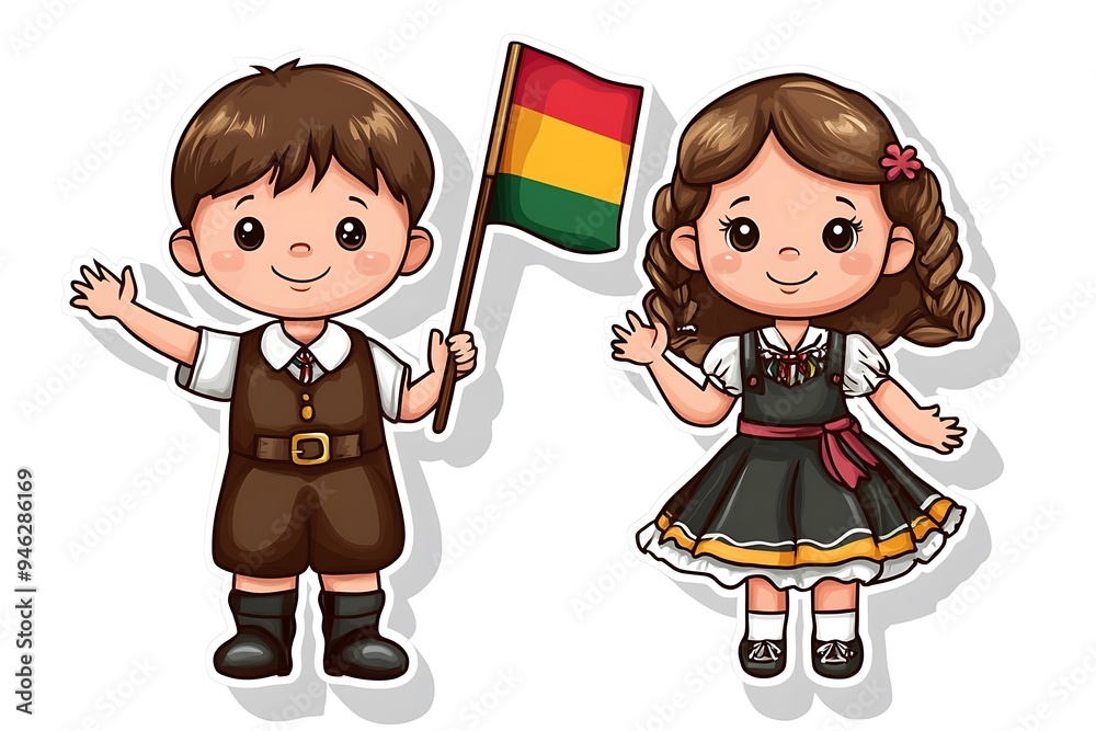 Happy Children in Traditional German Attire Waving Flag - Cartoon ...