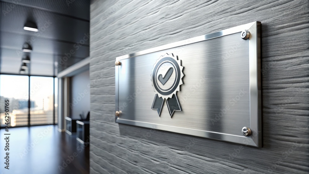 A shiny metal certification plaque hangs on a sleek office wall ...