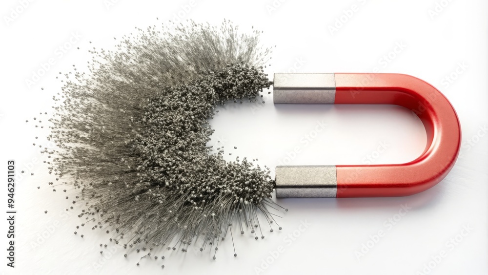 A silver magnet suspended above a straight line of iron filings on a ...
